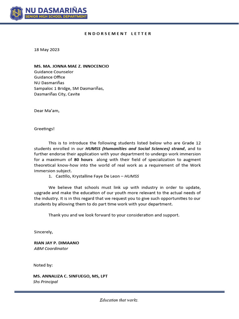 Letter For Guidance Office - NUD | PDF