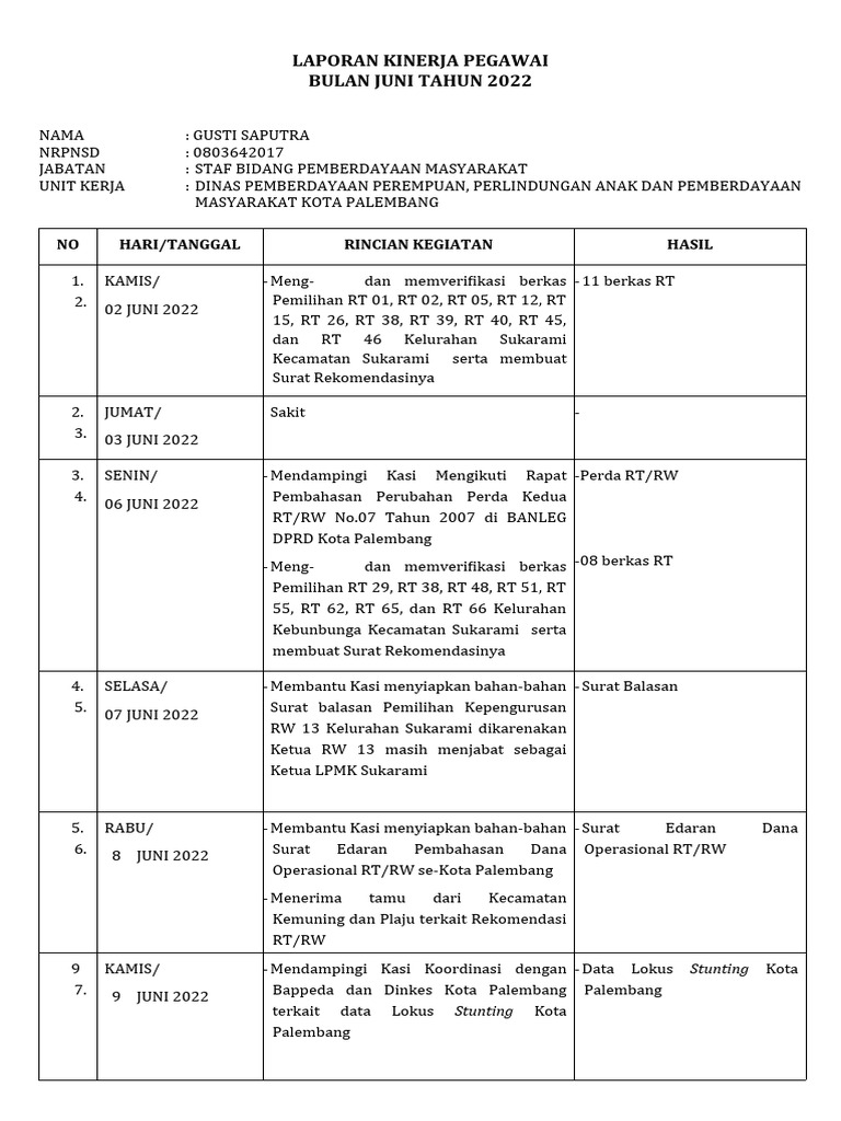 Laporan Kinerja Pegawai Juni 2022 | PDF