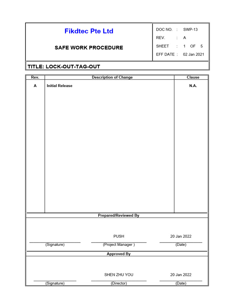 Lock-Out-Tag-Out Safety Procedure | PDF | Mechanical Engineering ...