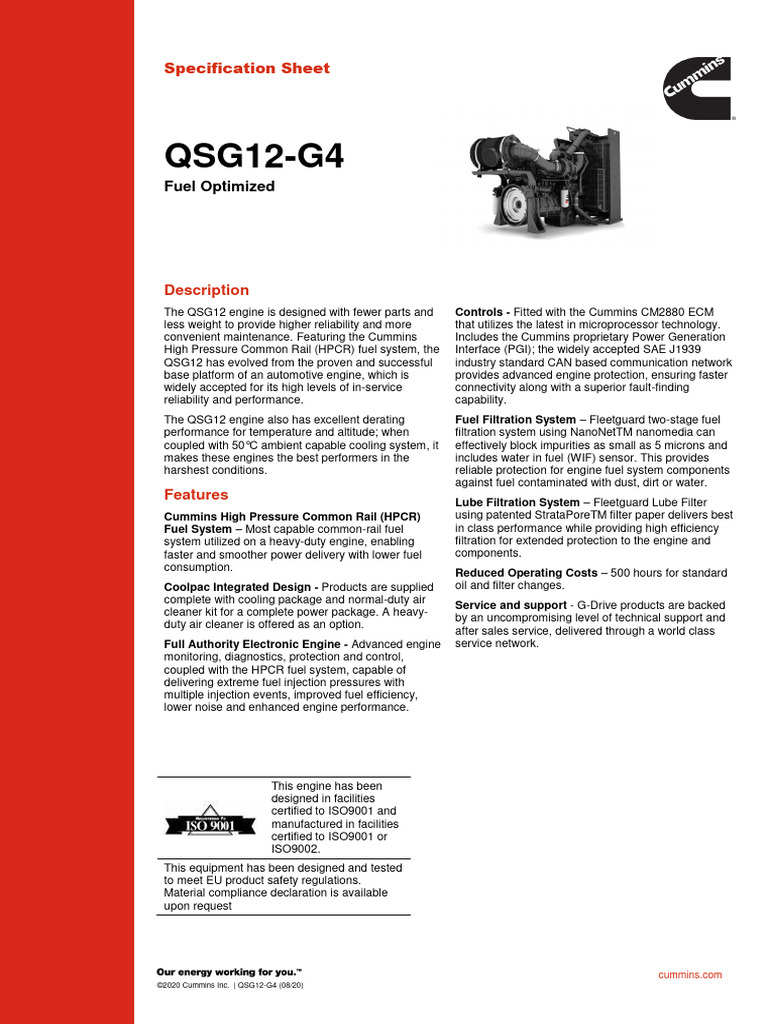 Specification Sheet Cummons qsg12-g4 (Template) | PDF