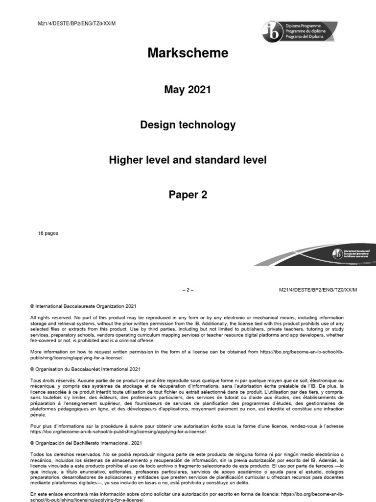 Markscheme Design Technology IB 2021 | PDF