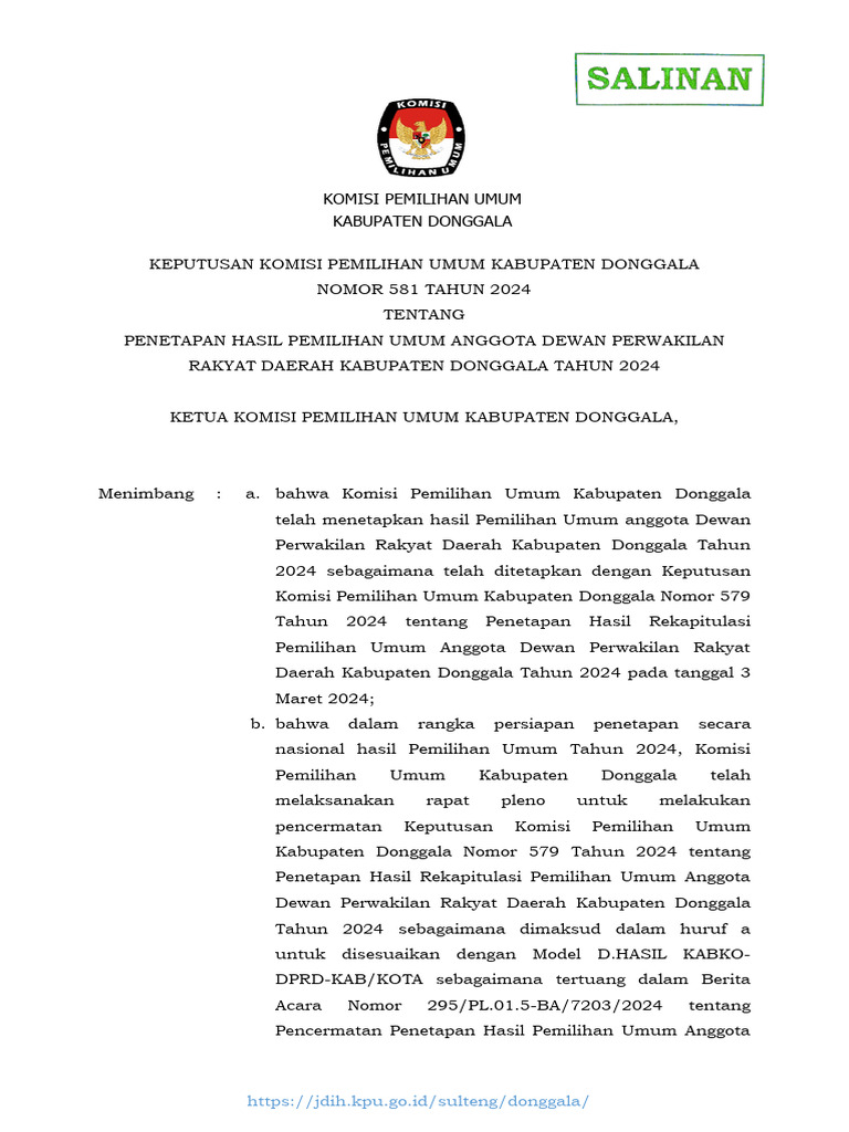 Pencabutan Kep KPU Kab Donggala Penetapan Hasil Pemilu | PDF