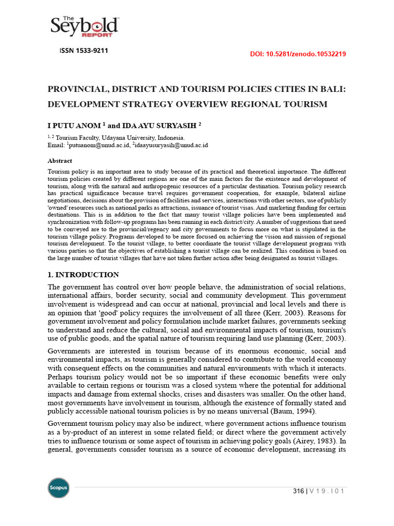 Provincial, District and Tourism Policies Cities in Bali: Development Strategy Overview Regional ...