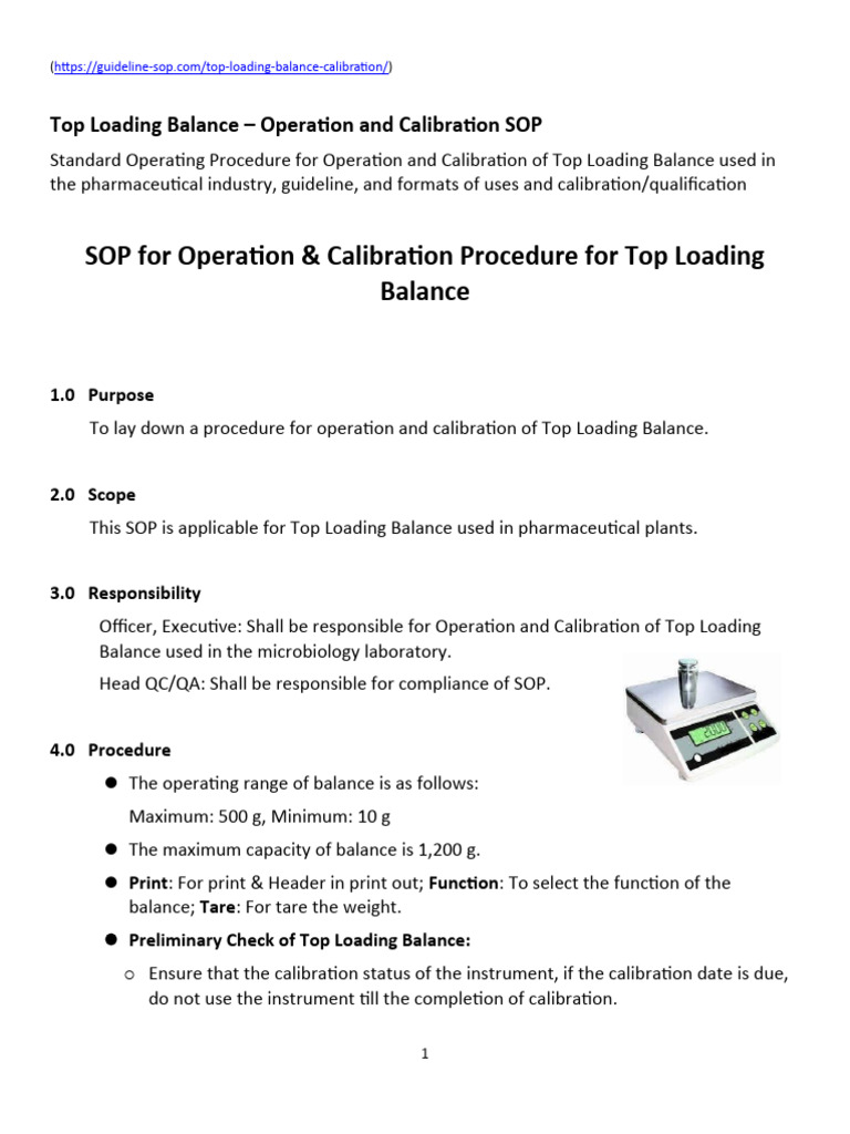 Sop For Operation And Calibration Procedure For Top Loading Balance Pdf Standard Deviation