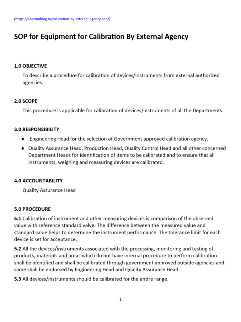 SOP For Equipment Calibration by External Agency | PDF | Calibration ...
