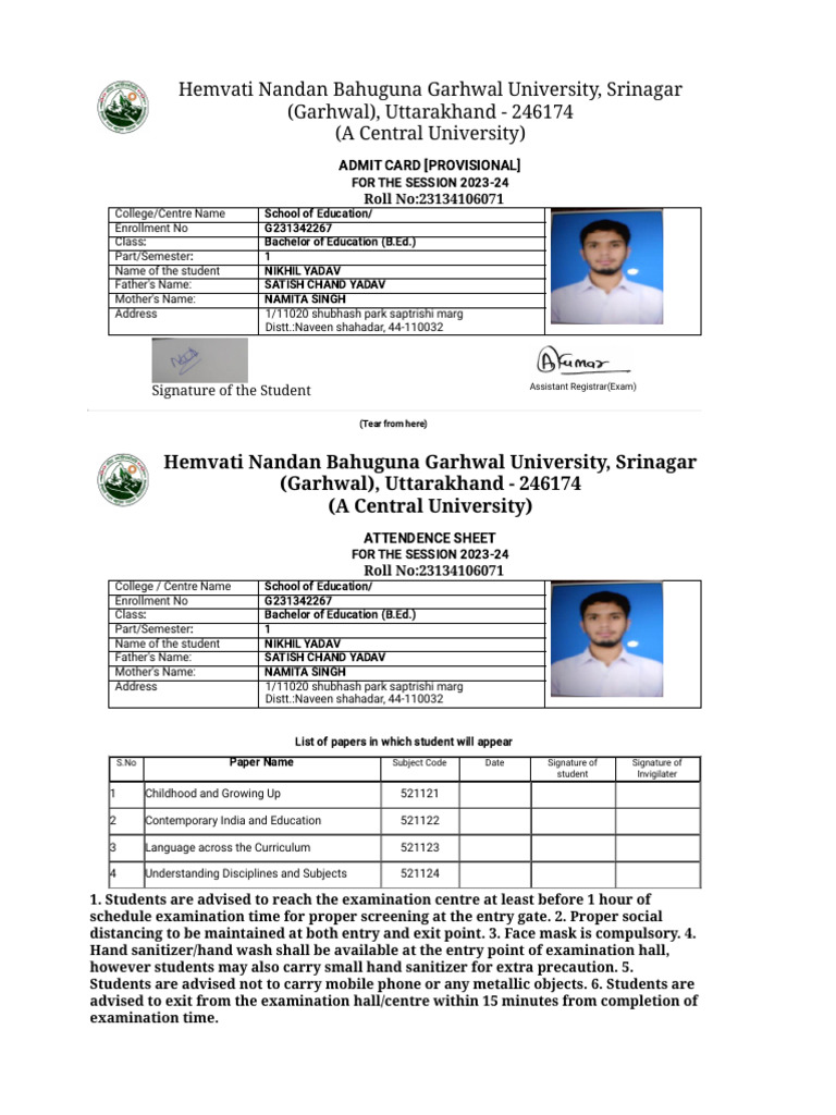Online - Hnbgu.ac - in Cbcs2023 Admit1.Php | PDF | Educational Stages