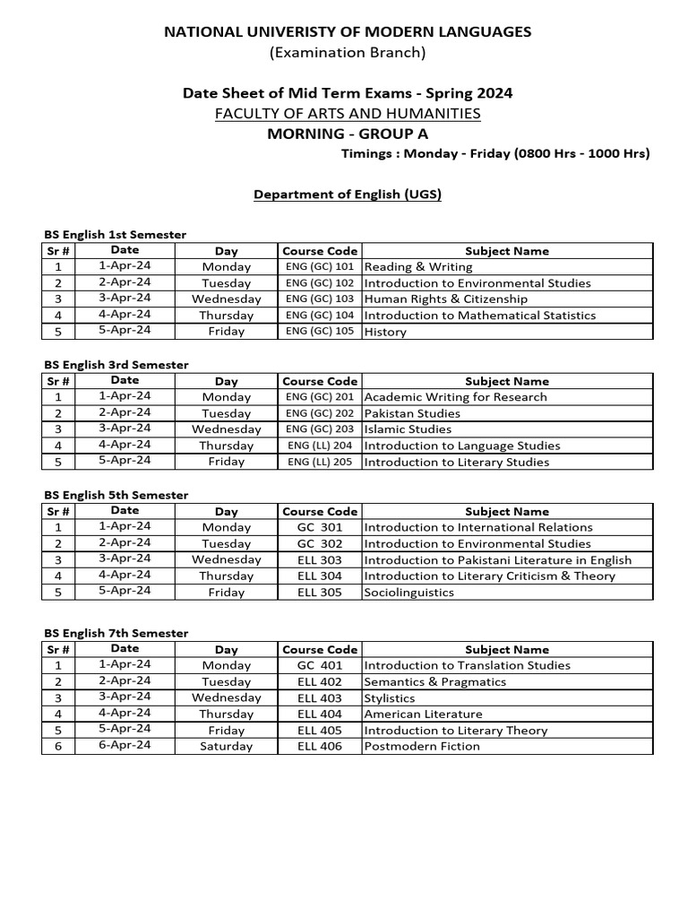 1710239985BS English Mid Term Date Sheet Spring 24 | PDF | Academic Term | Linguistics