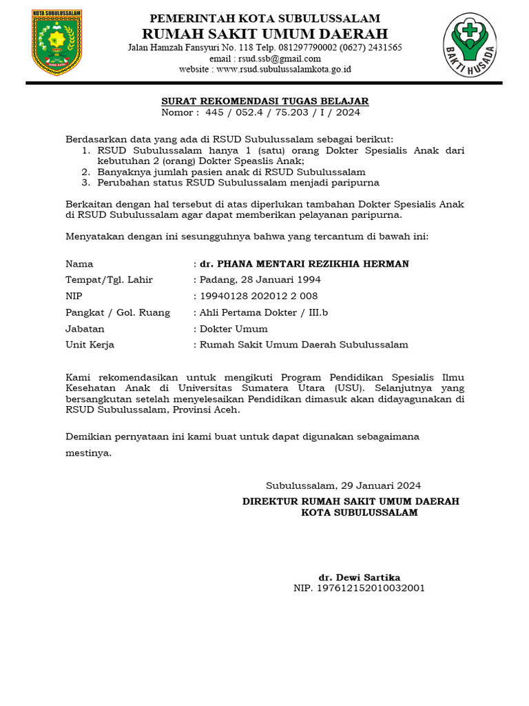 Surat Rekomendasi PPDS RSUD (2) | PDF