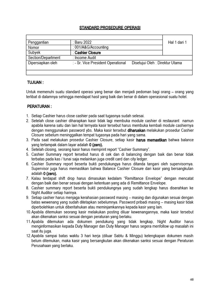 SOP-1 Cashier Closure | PDF