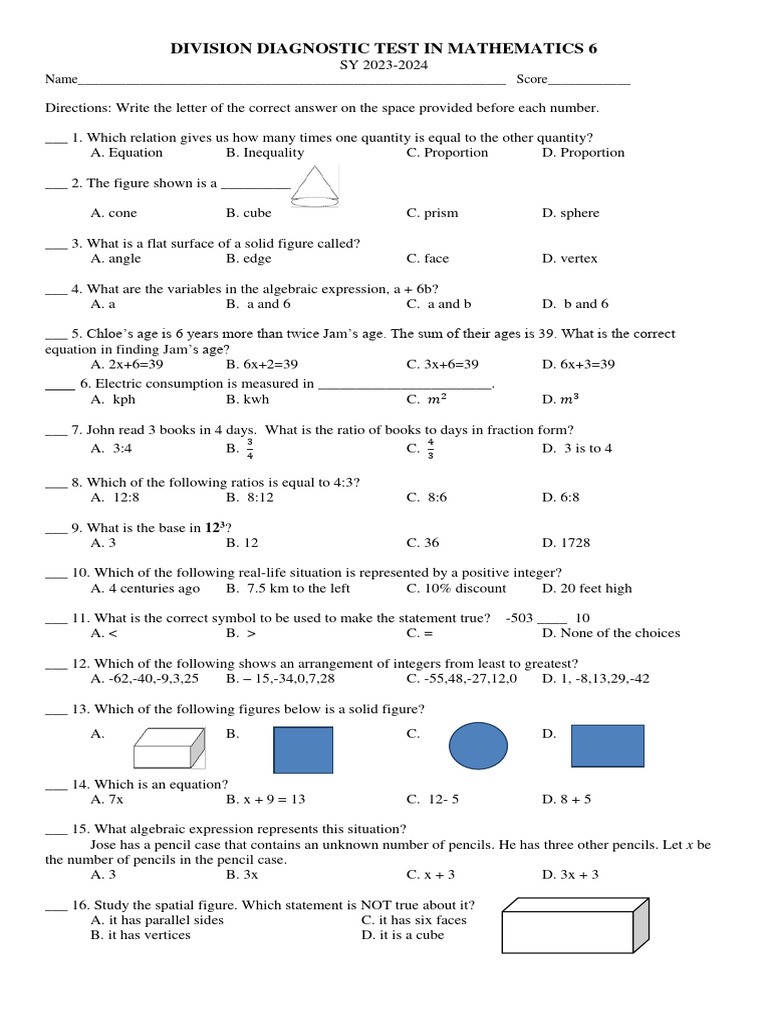 Grade 6 Math Diagnostic Test | PDF | Area | Ratio