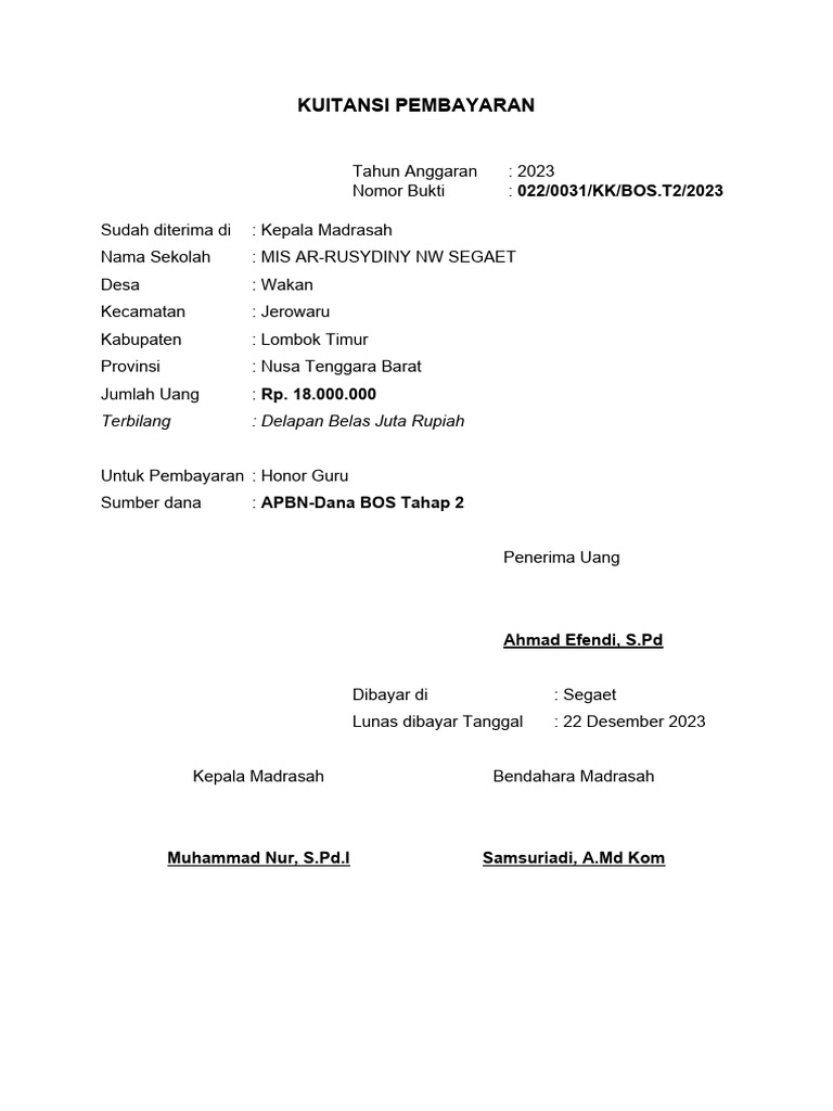 Kwitansi Pembayaran Honor Guru 2023 | PDF