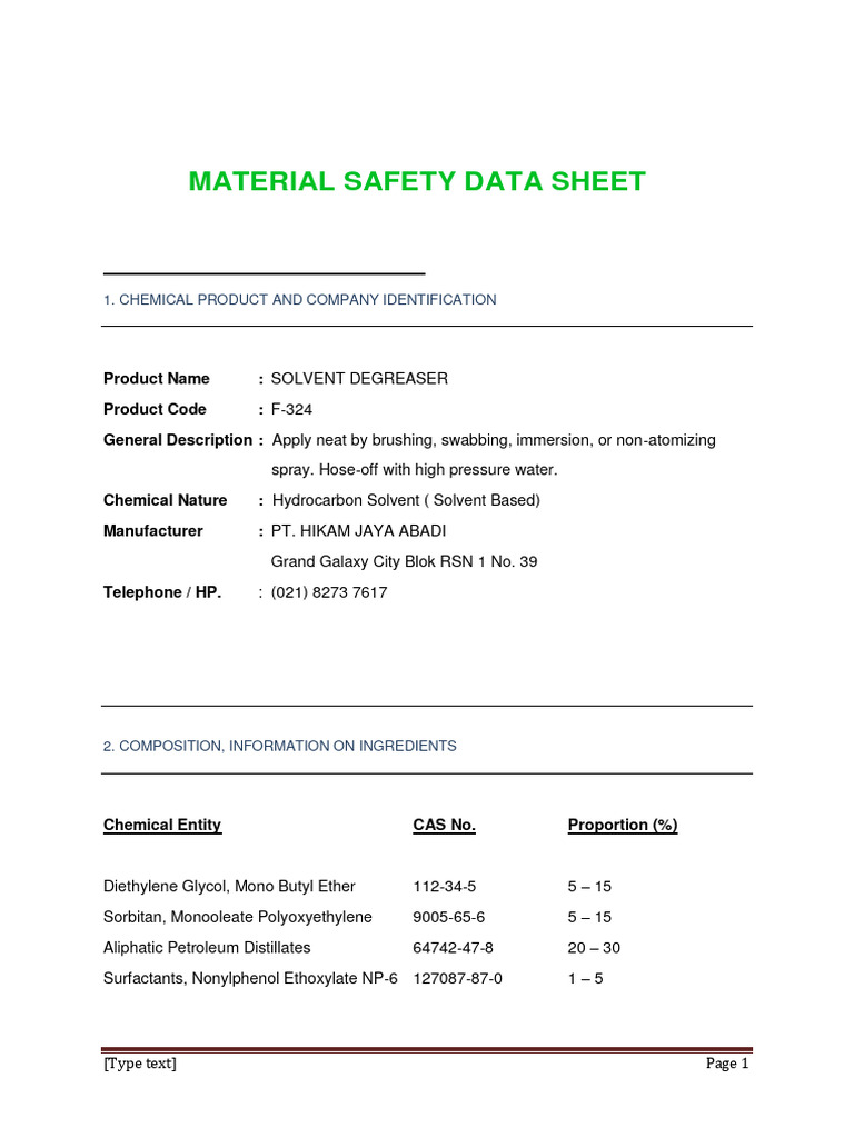MSDS - SOLVENT DEGREASER-solvent Gress Emolsien ED | PDF | Solvent | Water