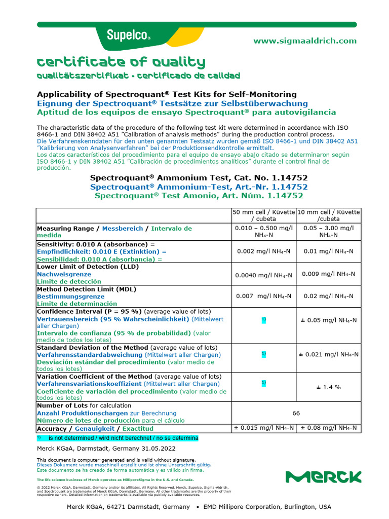 COA or COQ Ammonium Test | PDF | Detection Limit | Probability And ...