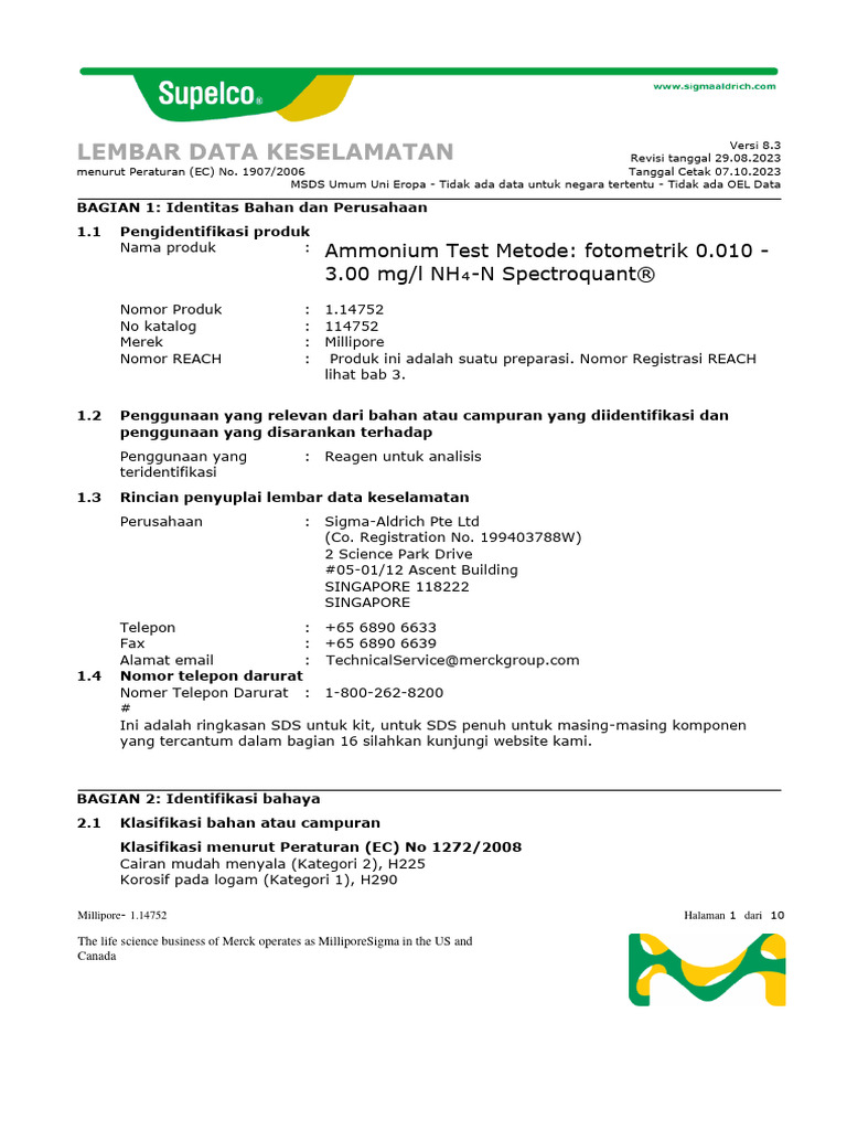 MSDS Ammonium Test | PDF