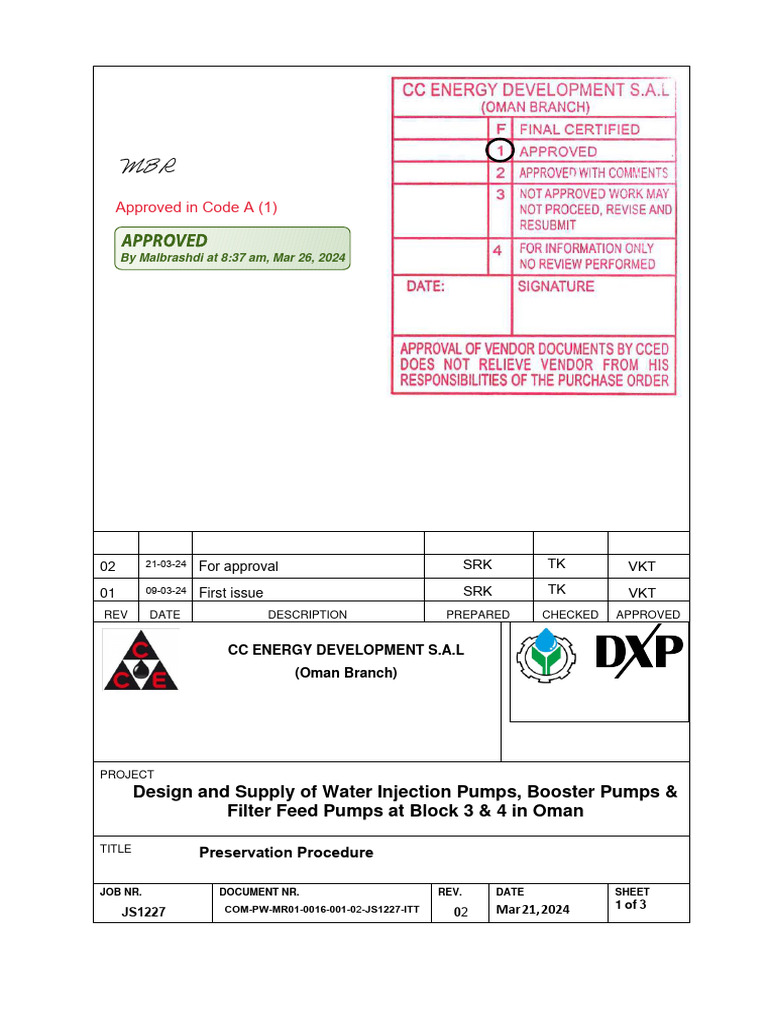 COM-PW-MR01-0016-001-02-JS1227-ITT - Preservation Procedure Approved in Code A (1) | PDF | Pump ...
