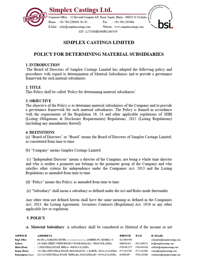 Simplex Castings Material Subsidiary Policy | PDF