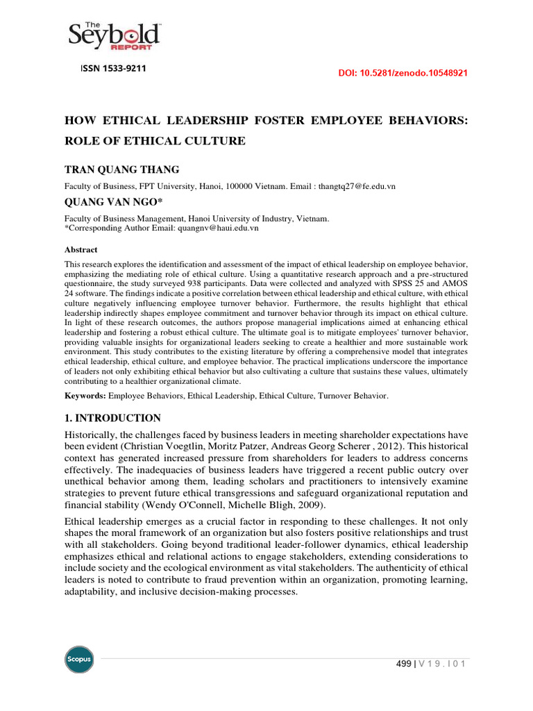 How Ethical Leadership Foster Employee Behaviors: Role of Ethical Culture | Download Free PDF ...