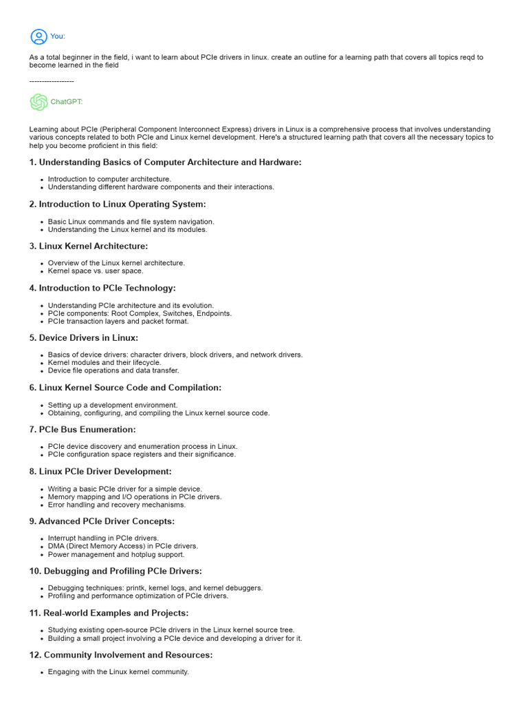 Linux PCIe Drivers Guide Via chatGPT | PDF | Device Driver | Kernel (Operating System)