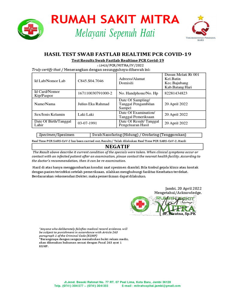13423. Surat Hasil PCR RS Mitra Jambi-Julius Eka Rahmad-20 April 2022 | PDF