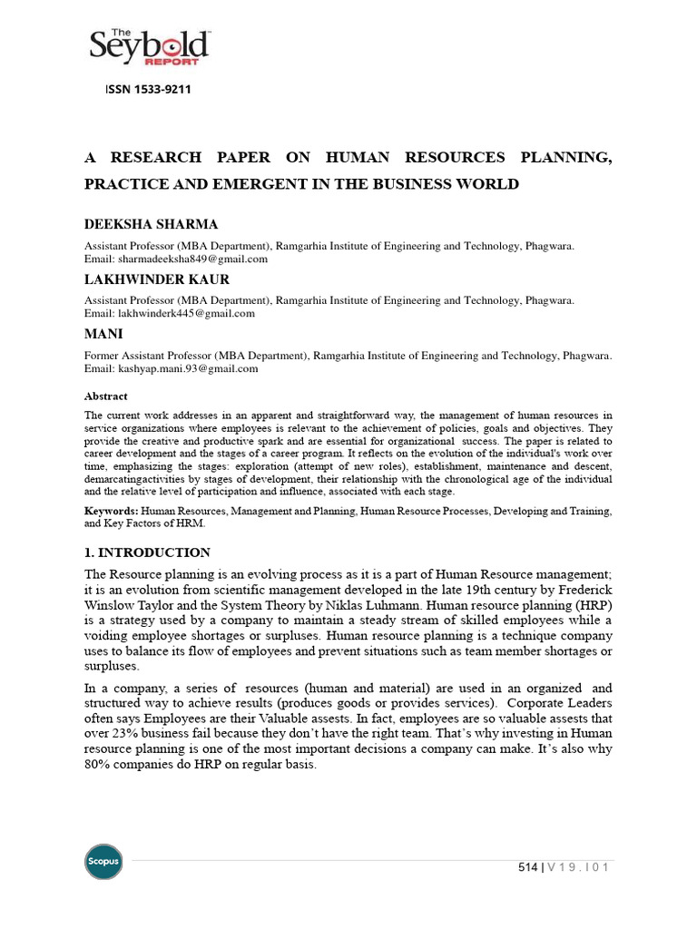 A Research Paper On Human Resources Planning, Practice and Emergent in ...
