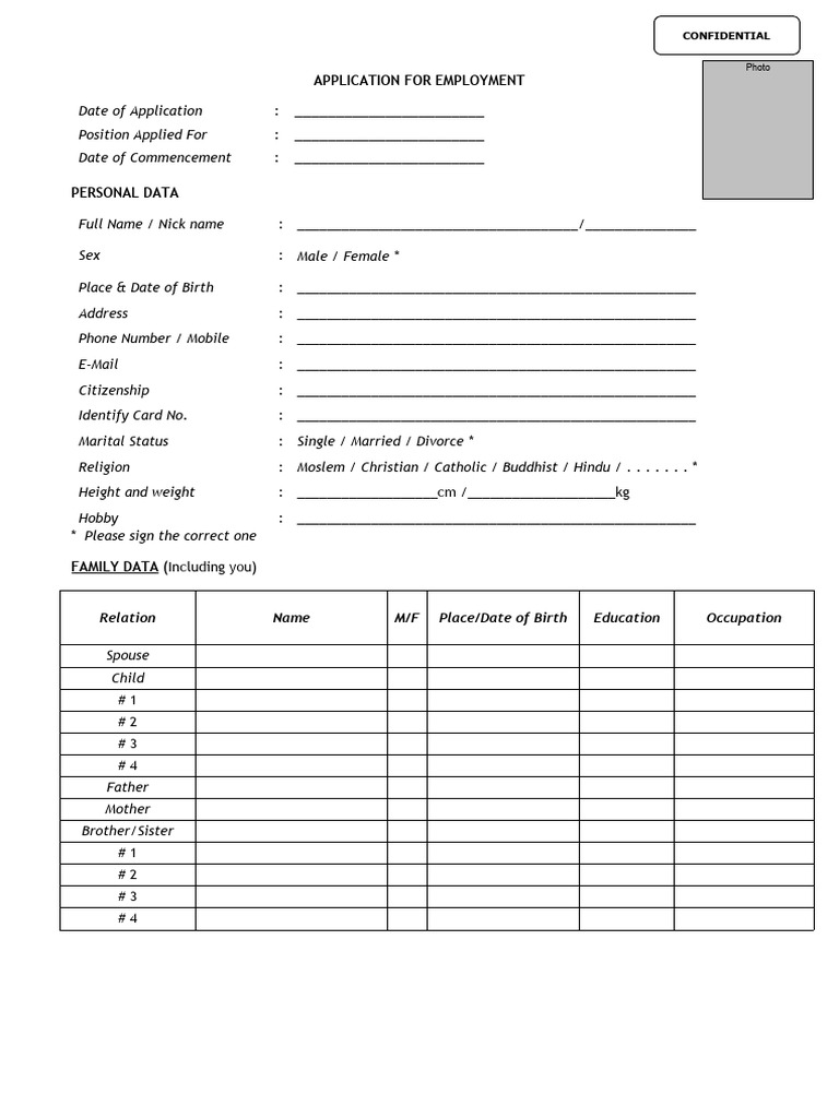 Form Data Pelamar English | PDF | Employment | Marriage