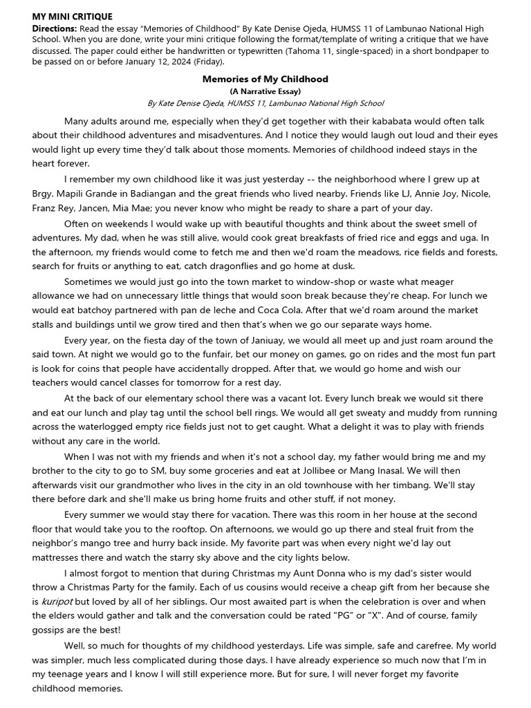 Mini Critique of Childhood Memories | PDF | Mystery, Thriller & Crime ...