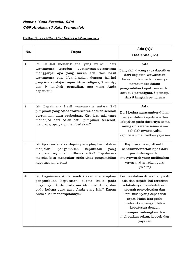 Checklist Refleksi Wawancara DK Modul 3.1 - YUDA PRASETIA | PDF