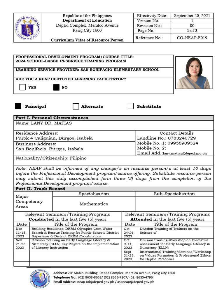 NEAP CV For Resource Speakers 1 | PDF