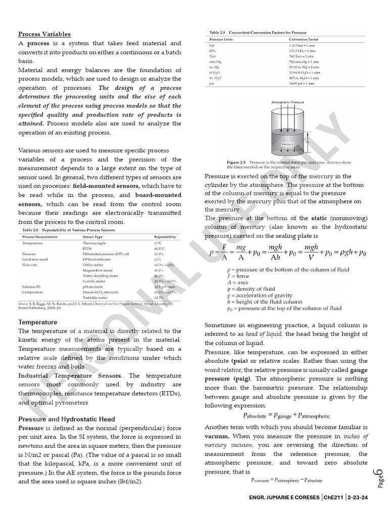 ChE Calc - Process Variables | PDF | Pressure Measurement | Pressure