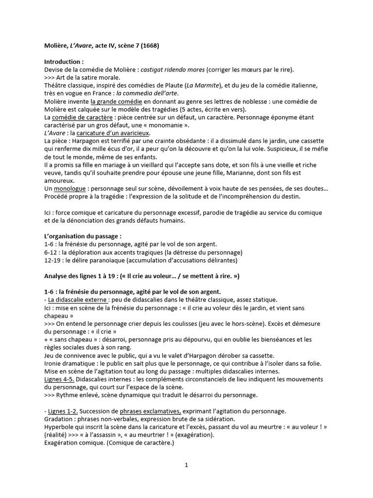 Molière - L'Avare - Monologue D'harpagon - Analyse Linéaire | PDF
