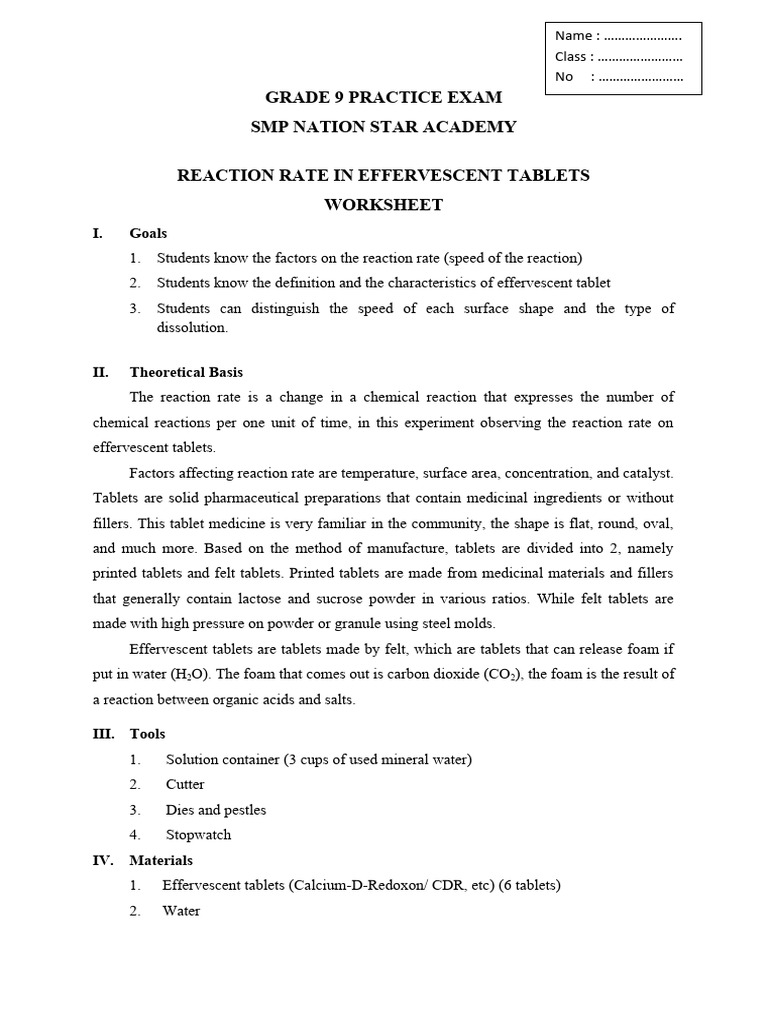 Rate of Reaction Worksheet - Effervescent Tablet | PDF | Tablet ...