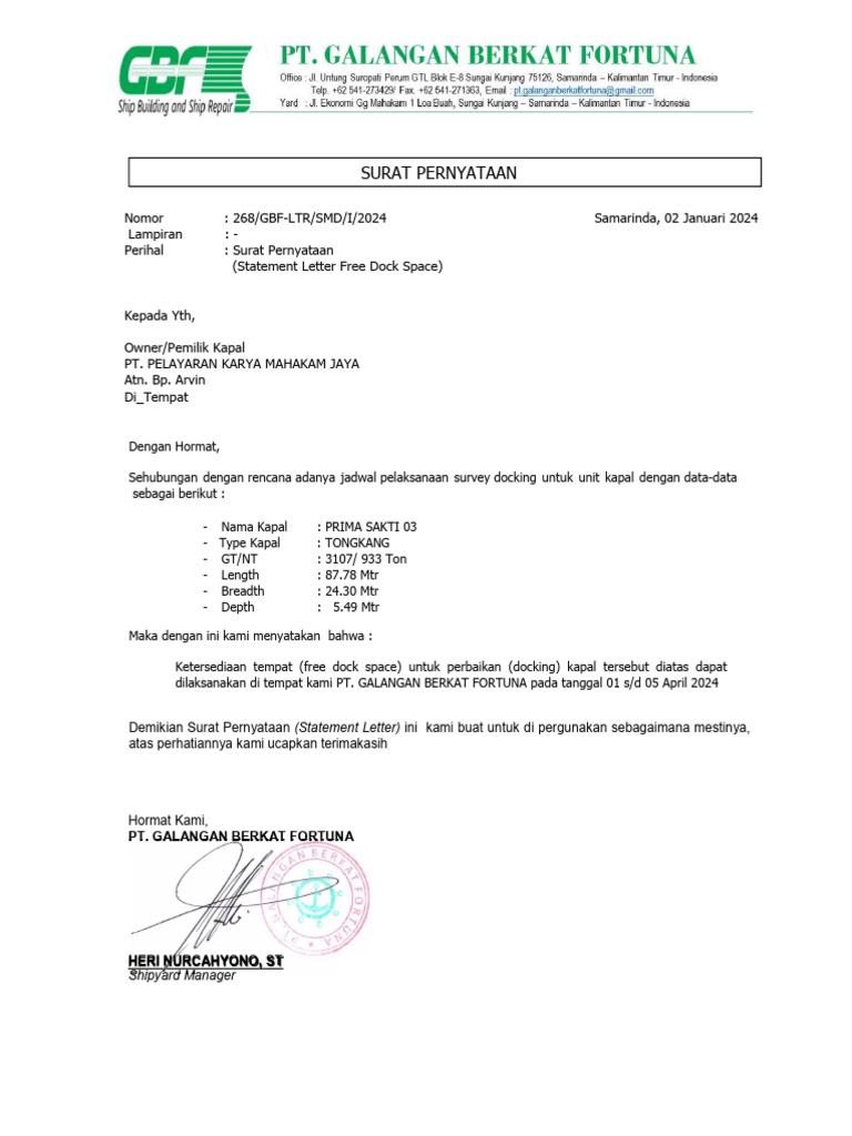 Surat Ketersediaan Docking Kapal PRIMA SAKTI 03 | PDF