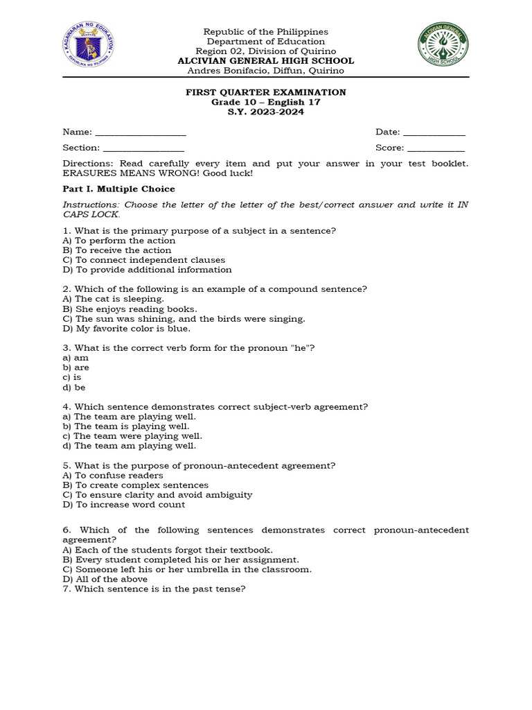 FIRST QUARTER EXAMINATION-English | PDF | Grammatical Number | Noun