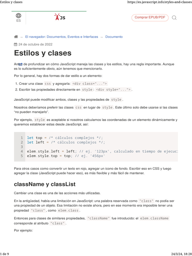 Guía de Estilos y Clases en JavaScript | PDF | Script Java | Hipertexto