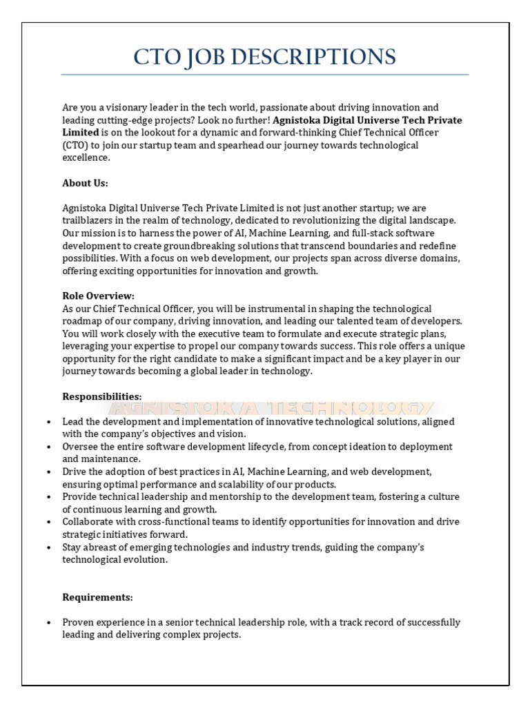 Cto Job Descriptions | PDF | Innovation | Leadership