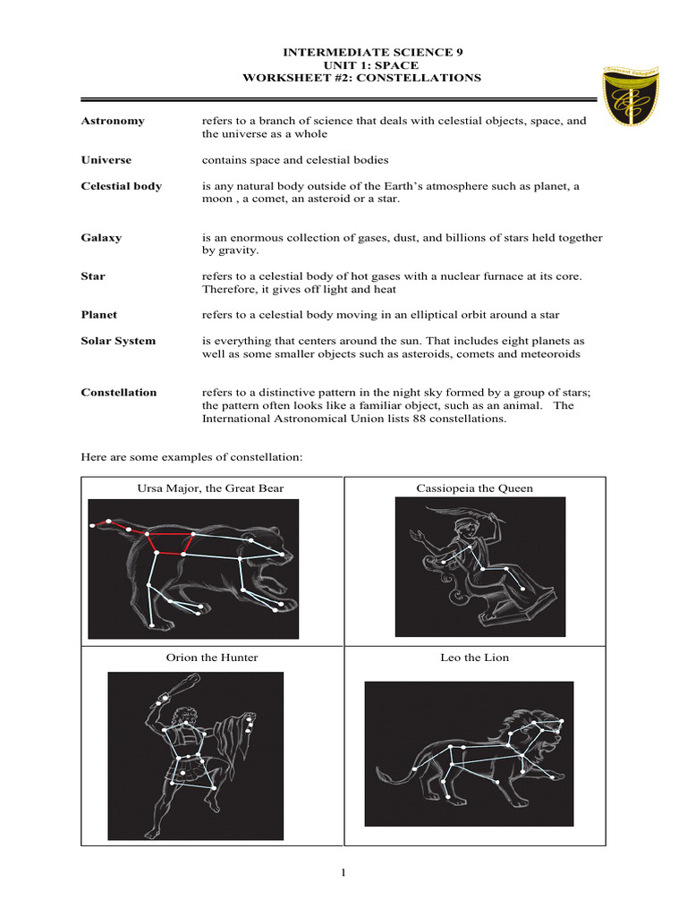 Science 9 Unit 1 Space Worksheet 2 Constellations | PDF | Solar System ...