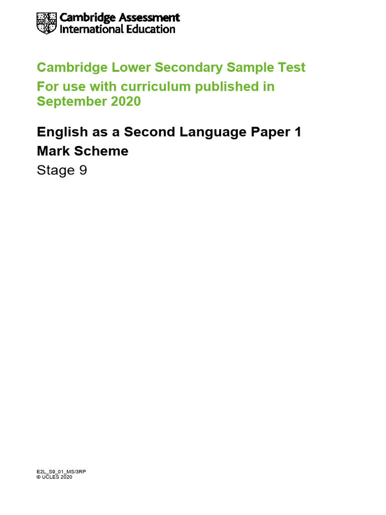 English As A Second Language Stage 9 Sample Paper 1 Mark Scheme ...