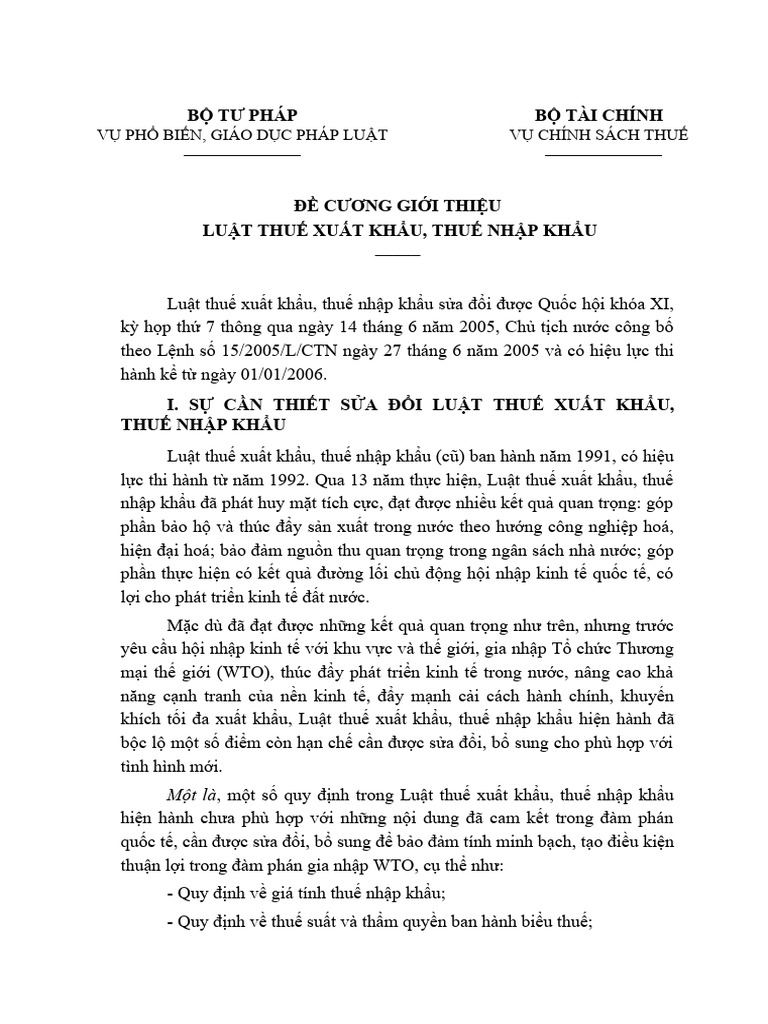 De Cuong Gioi Thieu Luat Thue XNK | PDF