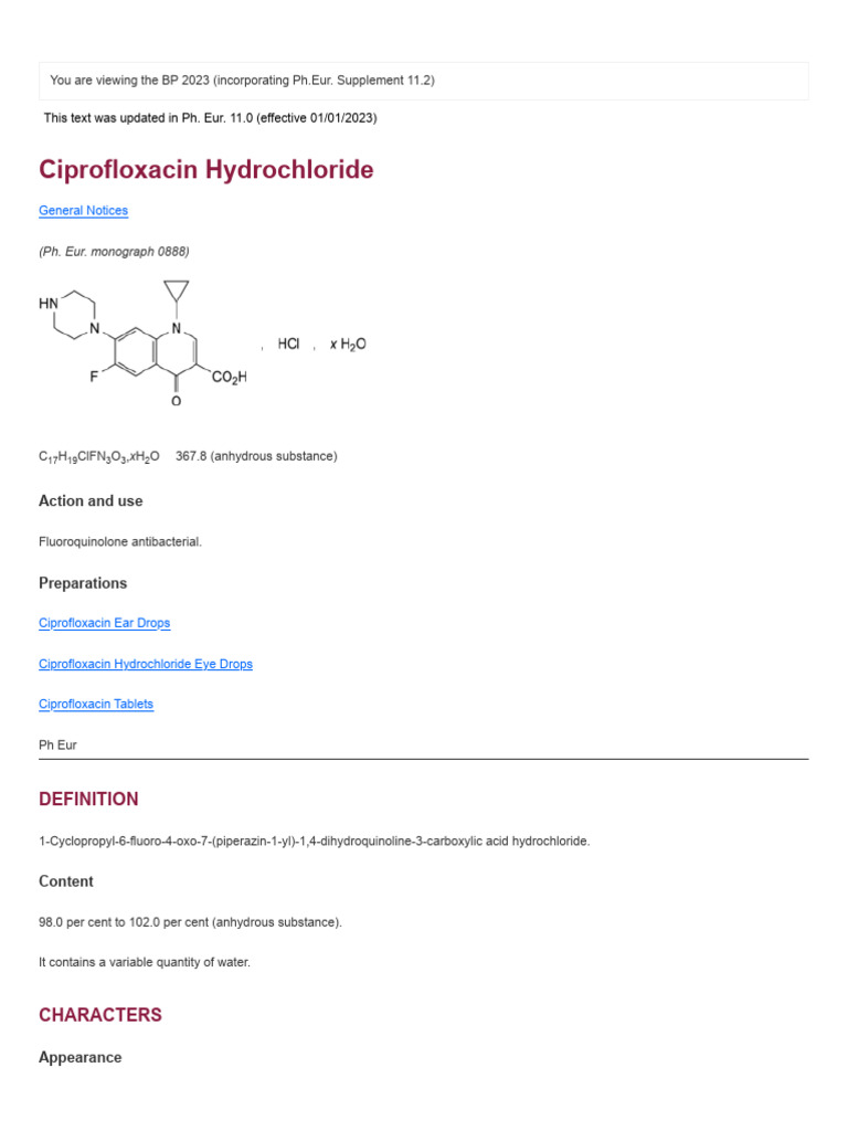 Ciprofloxacin Hydrochloride - British Pharmacopoeia | PDF | Solubility ...