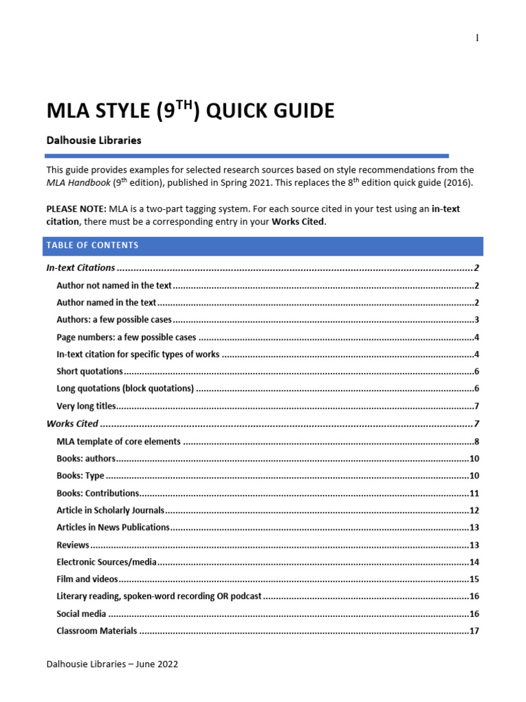 MLA9 QuickGuide-2021 | PDF | Citation
