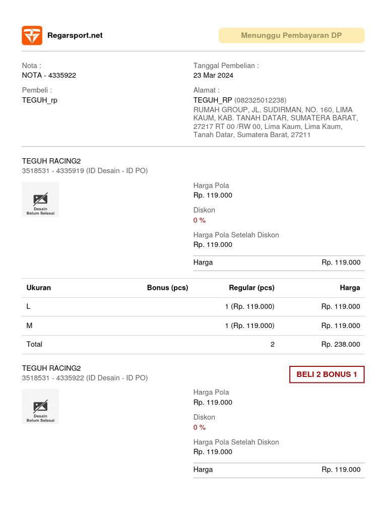 Cetak Nota Input Transaksi DP 4335922 TEGUH STANDAR | PDF