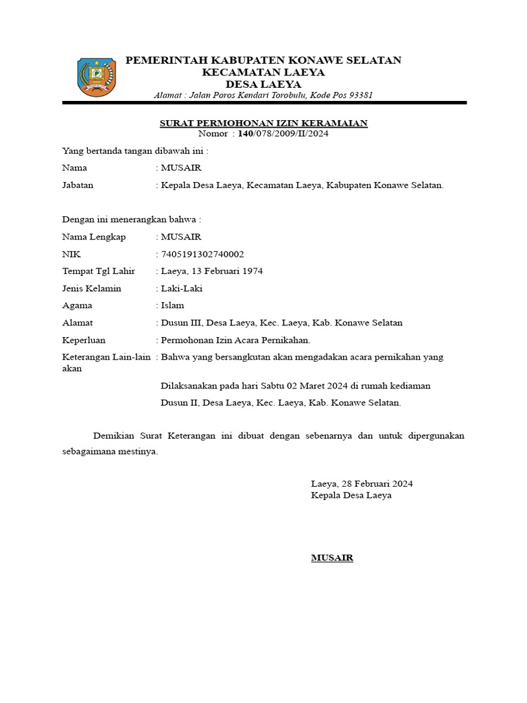 Surat Izin Keramaian Pernikahan Laeya | PDF