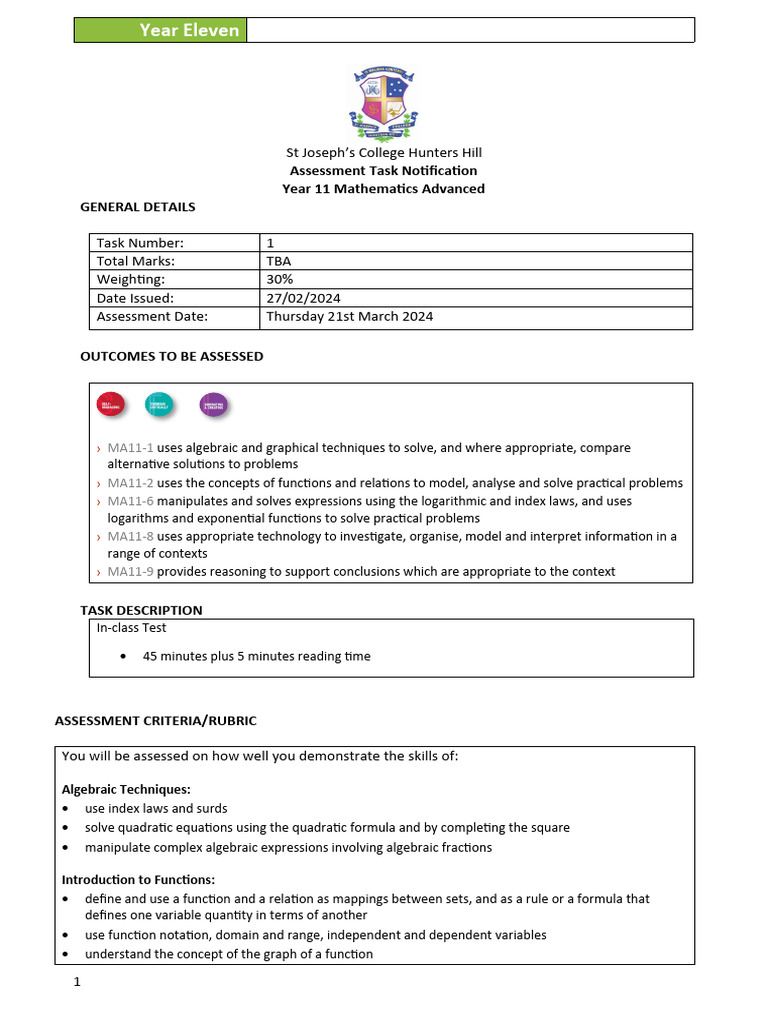 Yr 11 Task 1 2024 Notification Task | PDF | Function (Mathematics) | Quadratic Equation