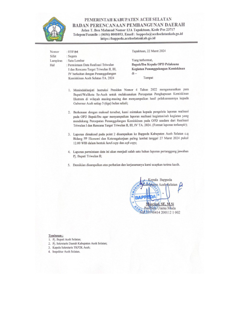 Permintaan Data Realisasi TW I Target TW II, III, IV | PDF