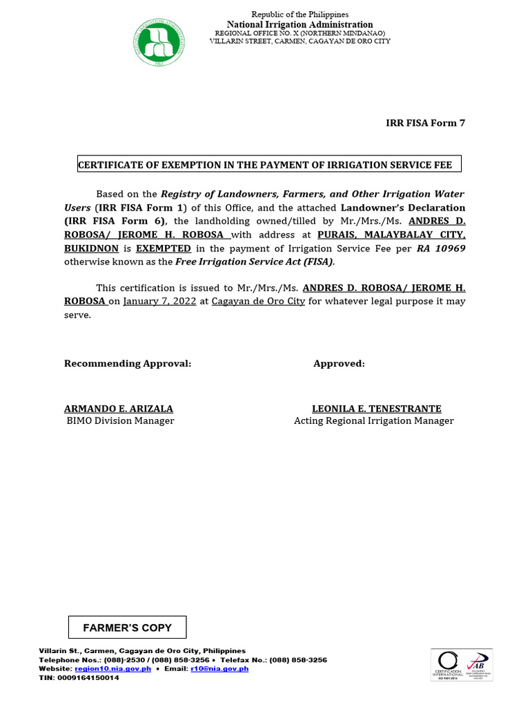 Certificate of Exemption - Fisa Form 7 | PDF