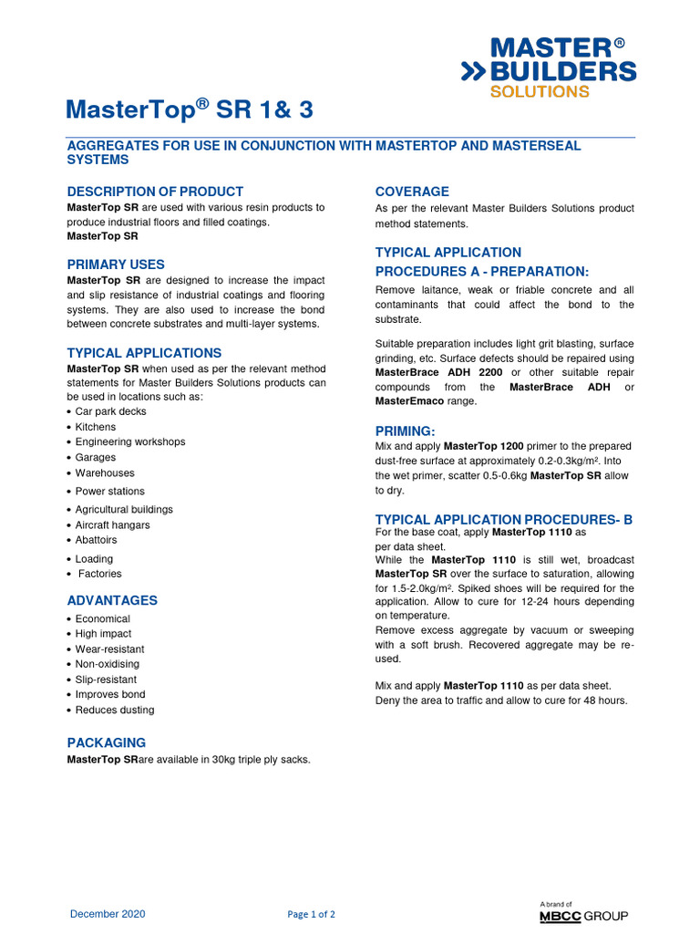 Mastertop SR 1 and 3 Tds | PDF | Packaging And Labeling | Concrete