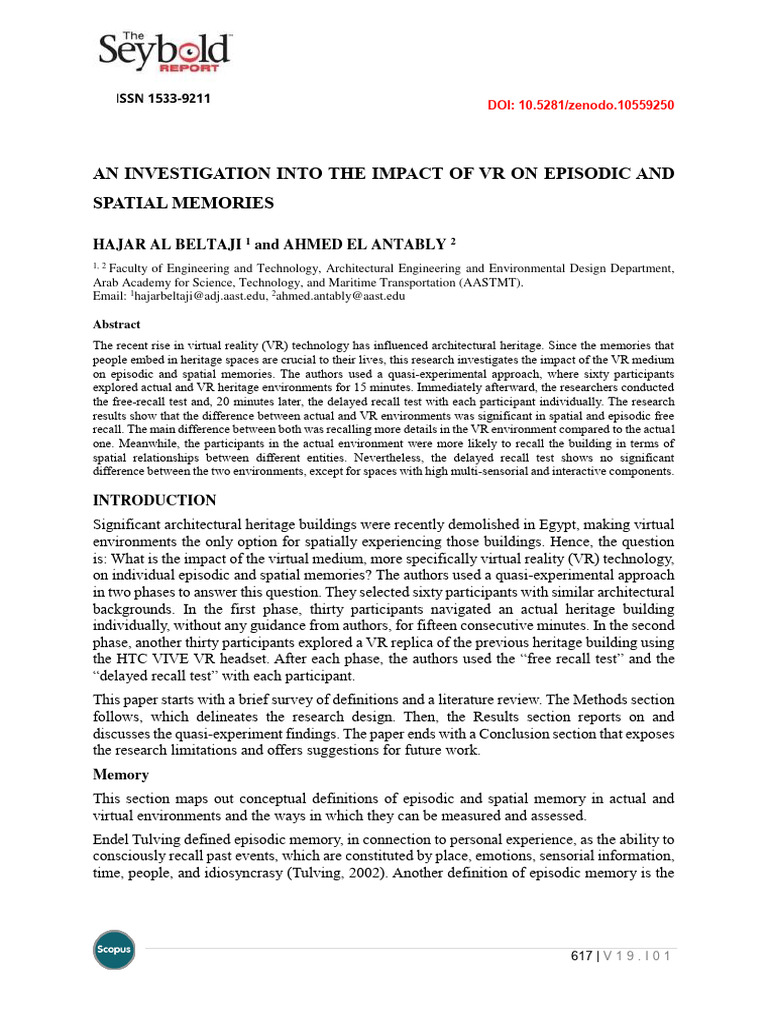 An Investigation Into The Impact of VR On Episodic and Spatial Memories | PDF | Memory | Virtual ...