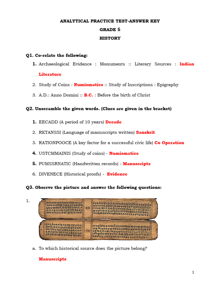 Grade 5 - History Analytical Practice Test - Answer Key | PDF | Sanskrit