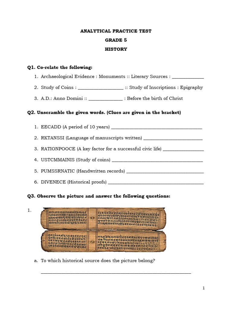 Grade 5 - History Analytical Practice Test - Question Key | PDF