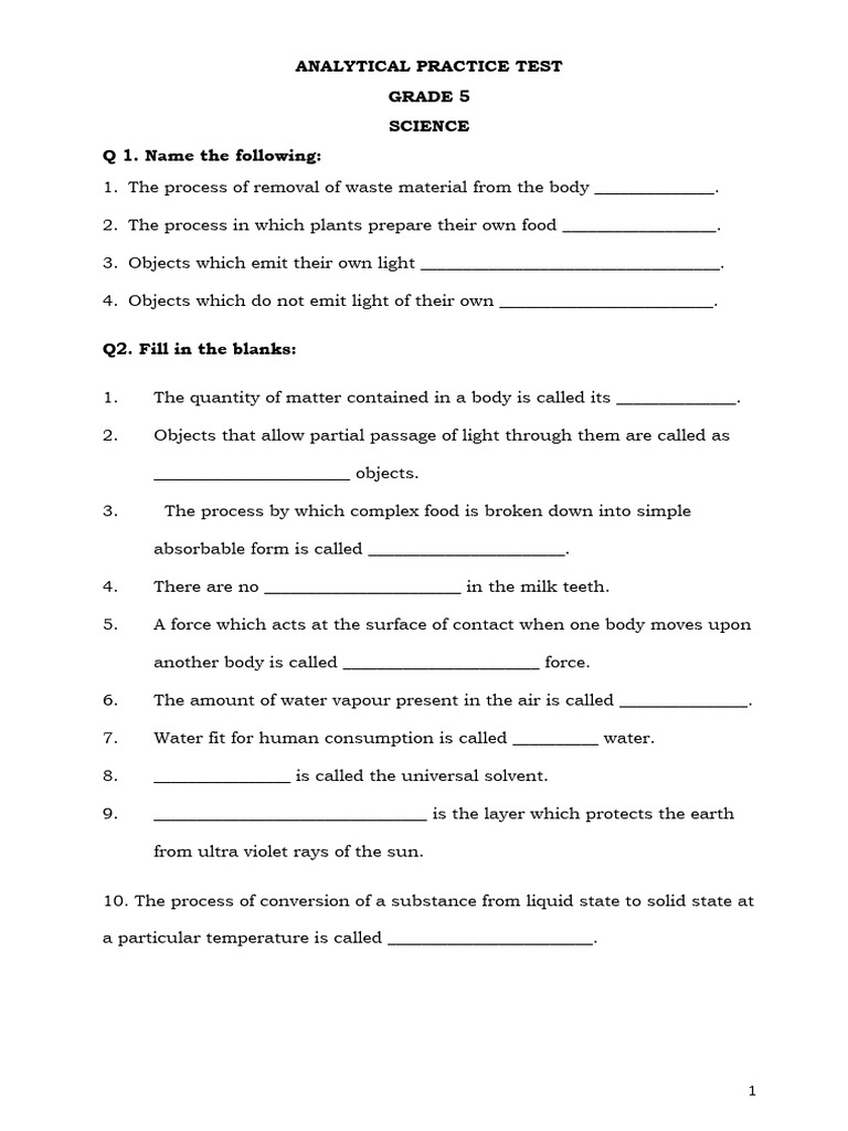 Grade 5 - Science Analytical Practice Test - Question Key | PDF ...